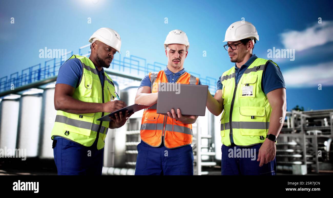 Diverse group of facility managers inspecting safety at industrial ...