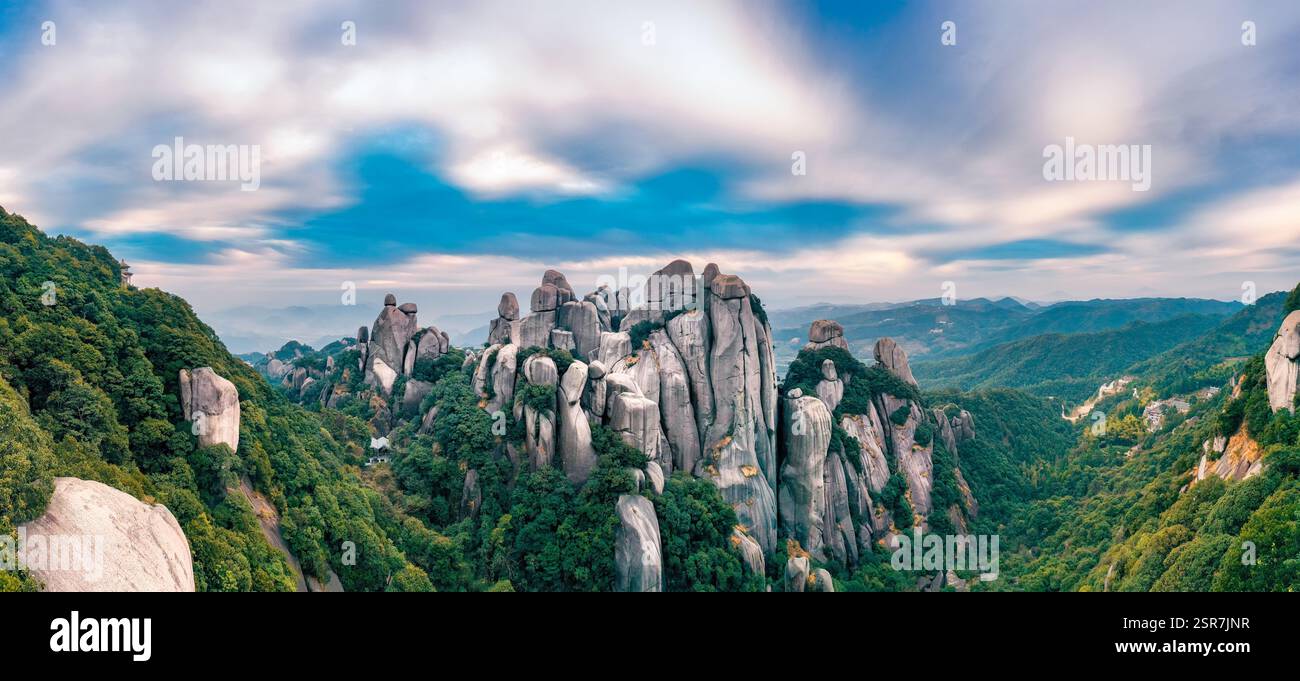 Aerial panoramic view of Taimu Mountain in Ningde, Fujian Province ...