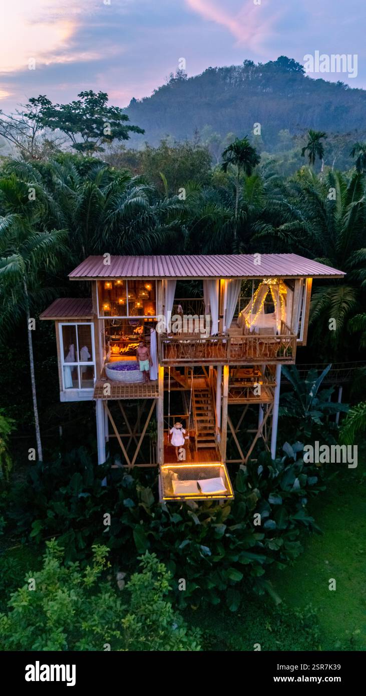 Nestled among vibrant foliage, a stunning bamboo treehouse welcomes ...