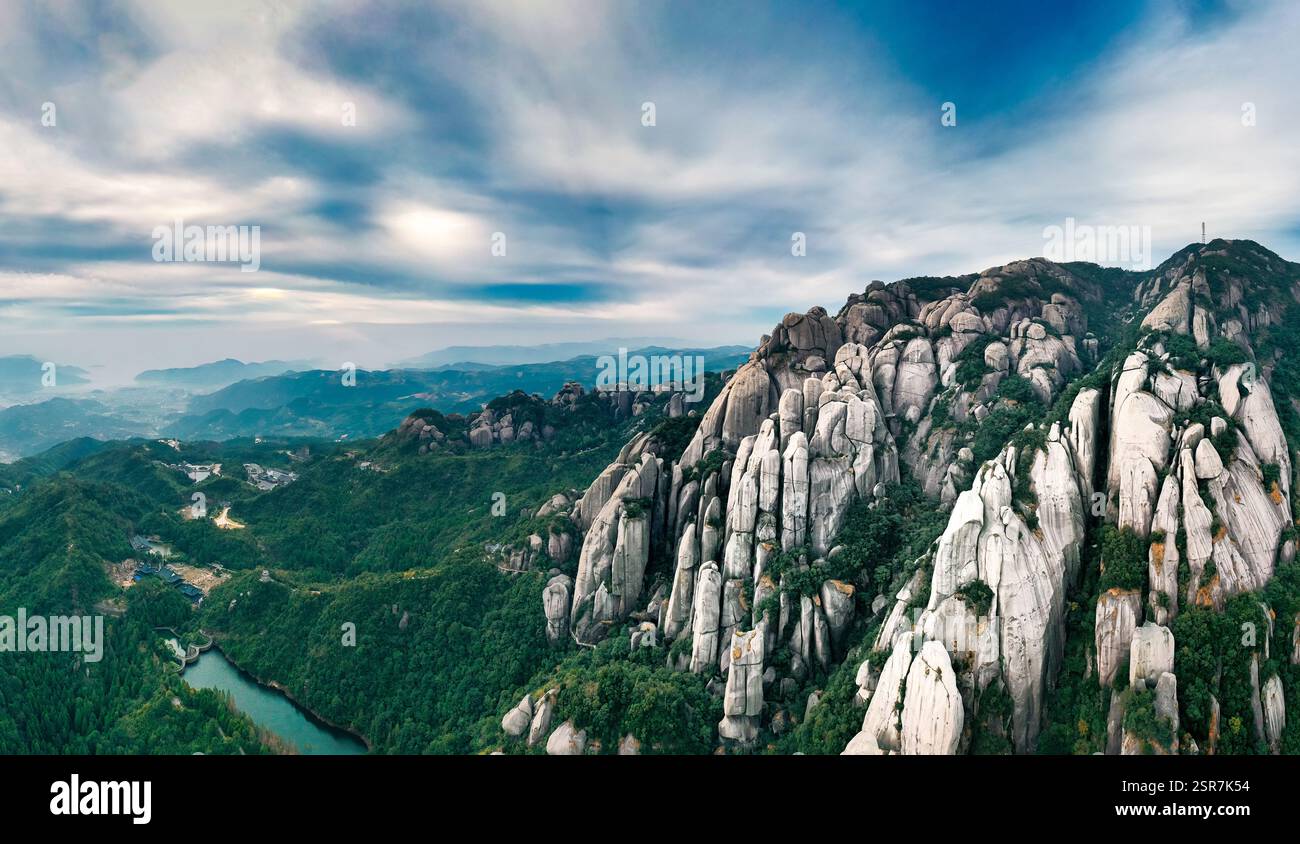 Aerial panoramic view of Taimu Mountain in Ningde, Fujian Province ...