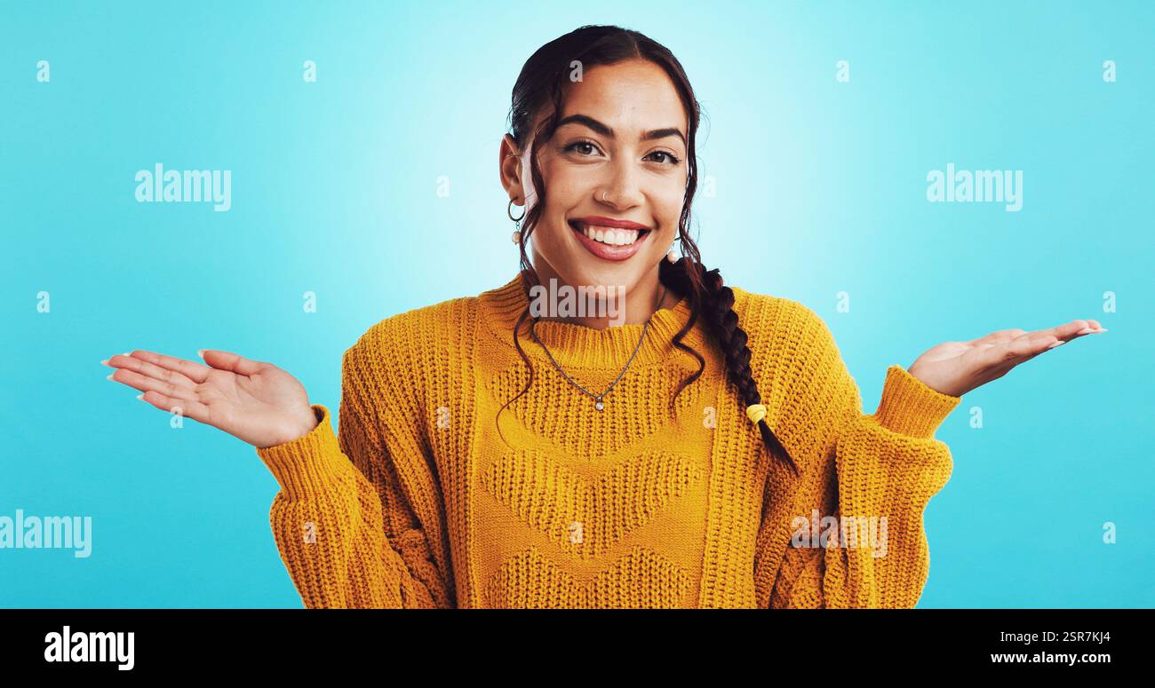 Choice, hands and woman with options, portrait and comparison for ...