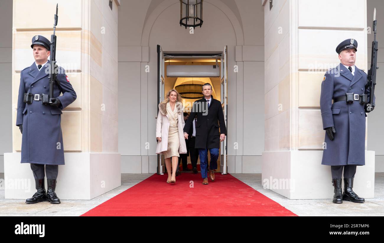 Secretary of Defense Pete Hegseth exits the Polish Presidential Palace ...