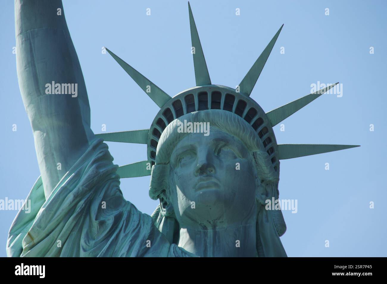 A close-up of the Statue of Liberty's seven-pointed crown in New York ...