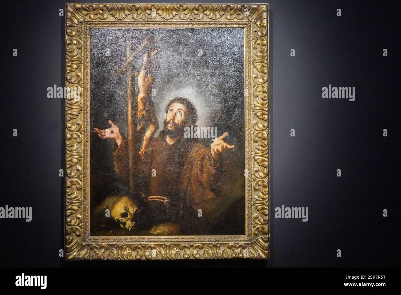 Oil on canvas portrait of Saint Francis of Assisi adoring the Crucifix ...