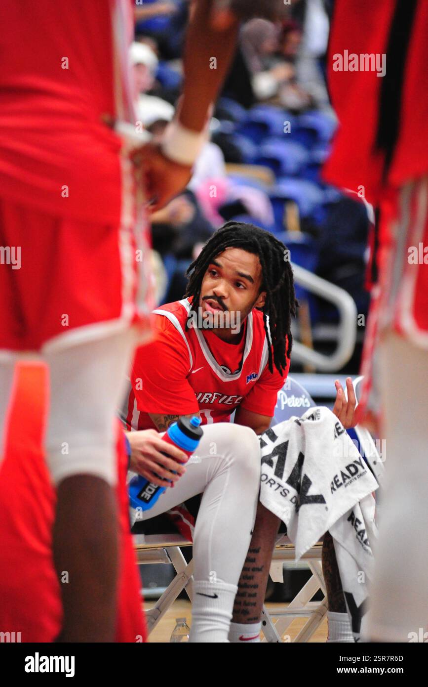 Jersey City, USA. 14th Feb, 2025. Fairfield's Deon Perry (0) at the ...
