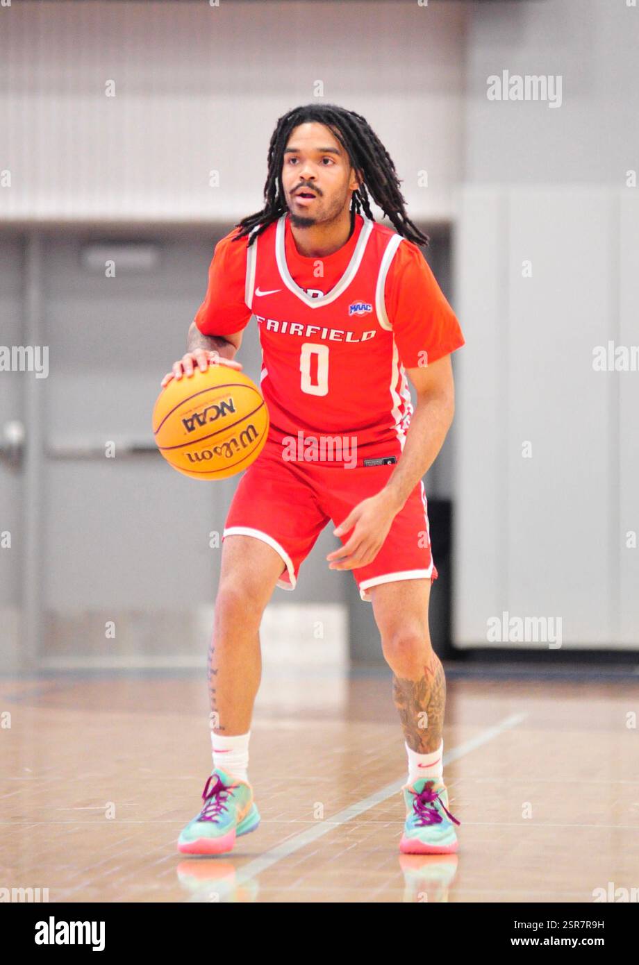 Jersey City, USA. 14th Feb, 2025. Fairfield's Deon Perry (0) at the ...