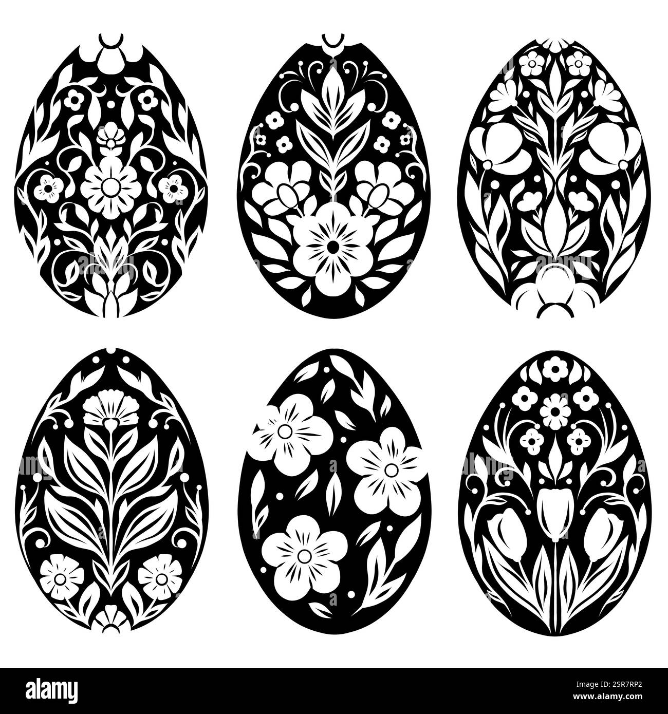 Vector set of monochrome Easter egg clip art in folk art style ...