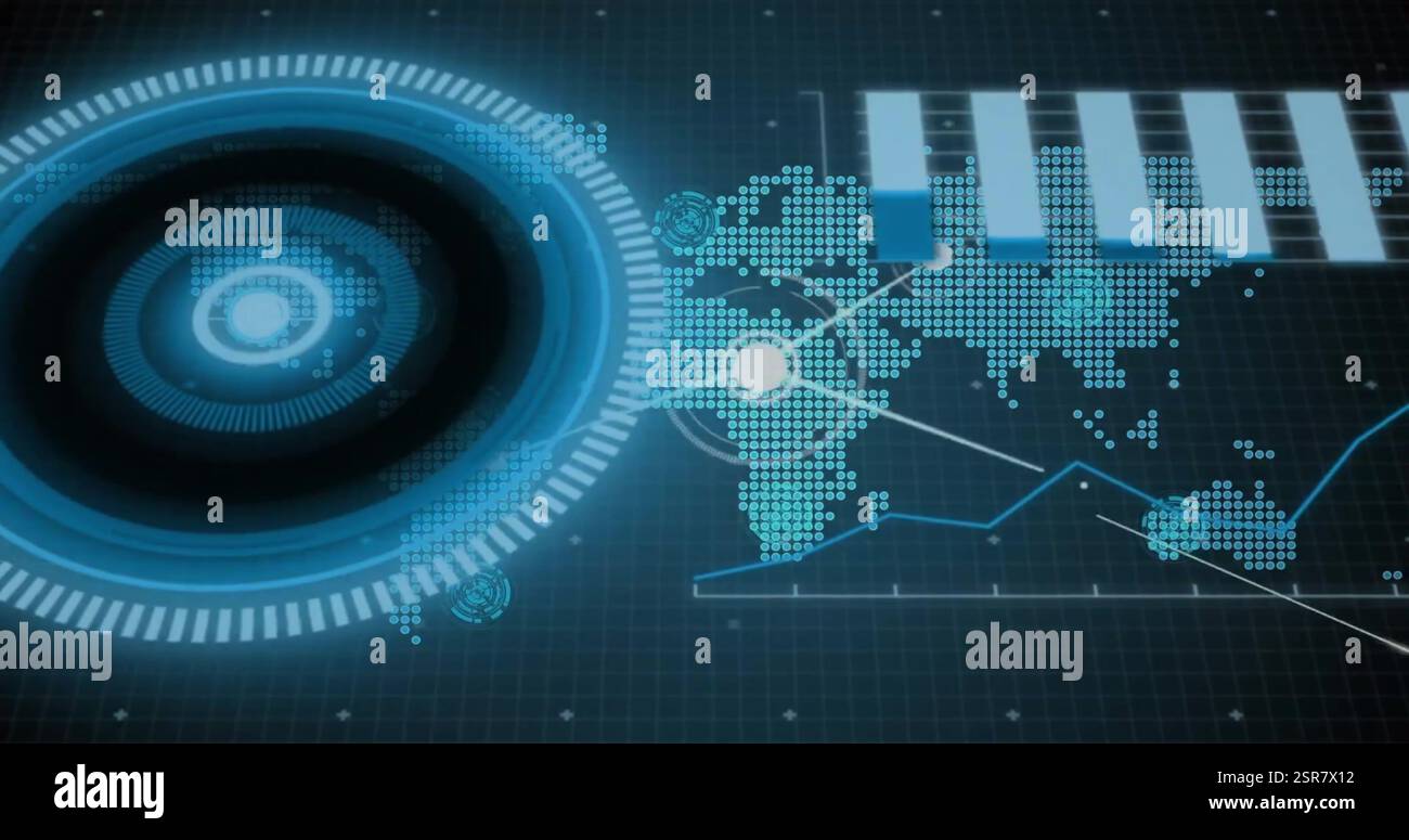 Image of circular scanner over charts, world map and communication ...
