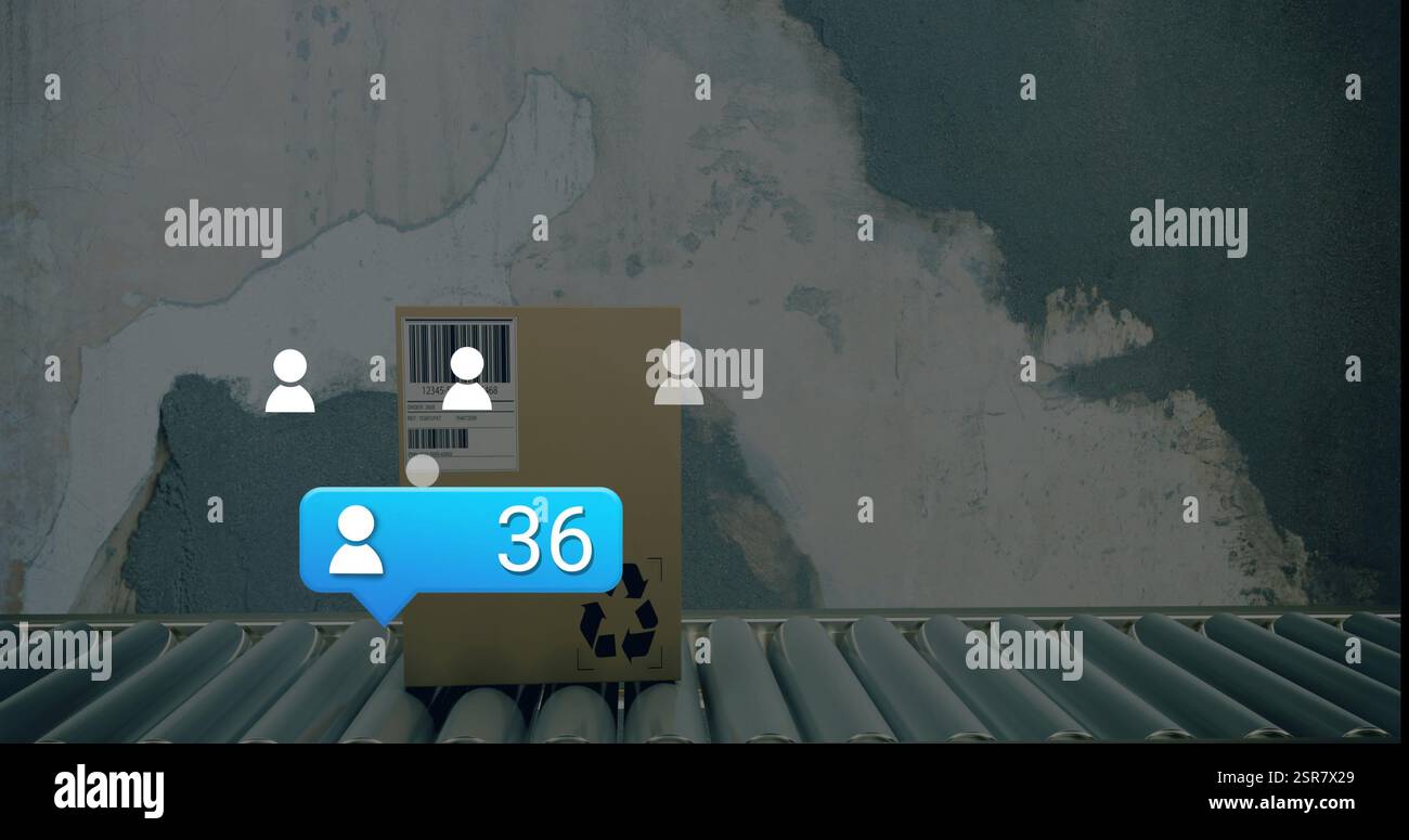 Image of increasing social media notification and people icons over box ...