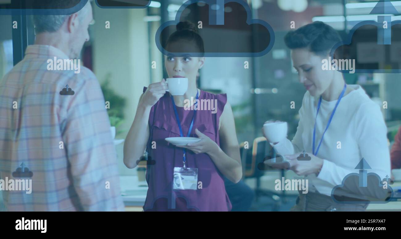 Image of clouds with arrows icons over diverse colleagues talking in ...