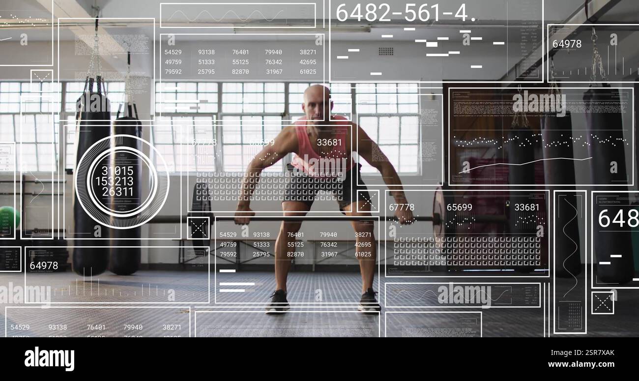 Image of diagrams and data processing over caucasian strongman lifting ...