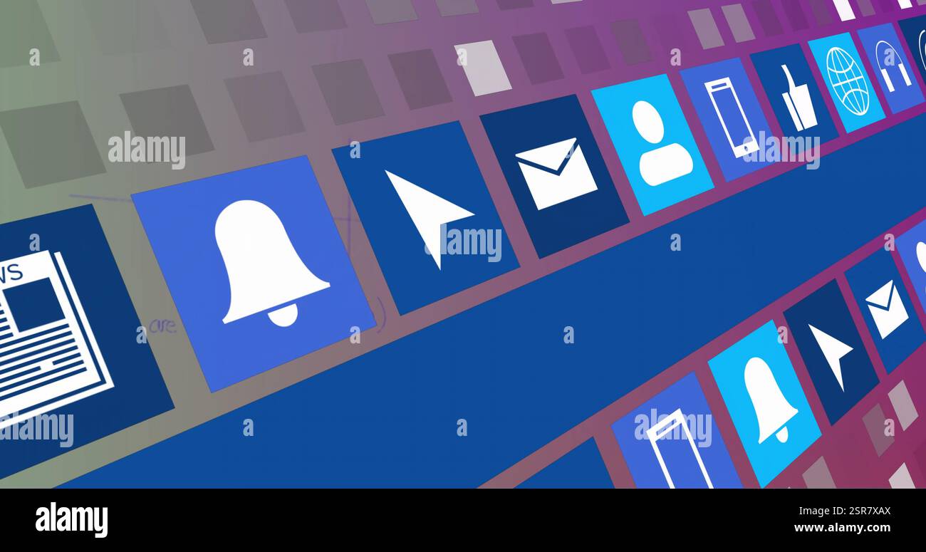 Image of icons and digital data processing over blue background Stock Photo - Alamy