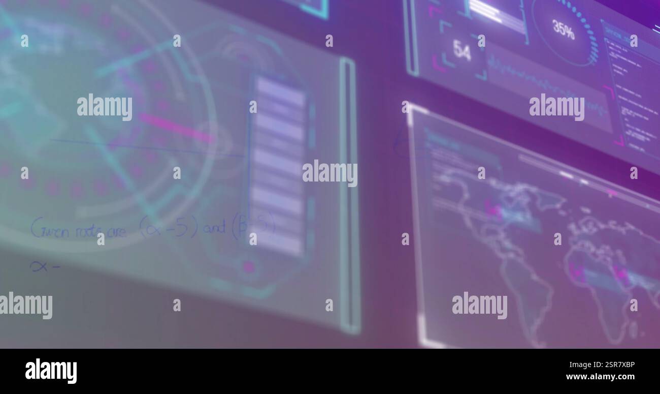 Image of statistics and digital data processing on screens over purple ...