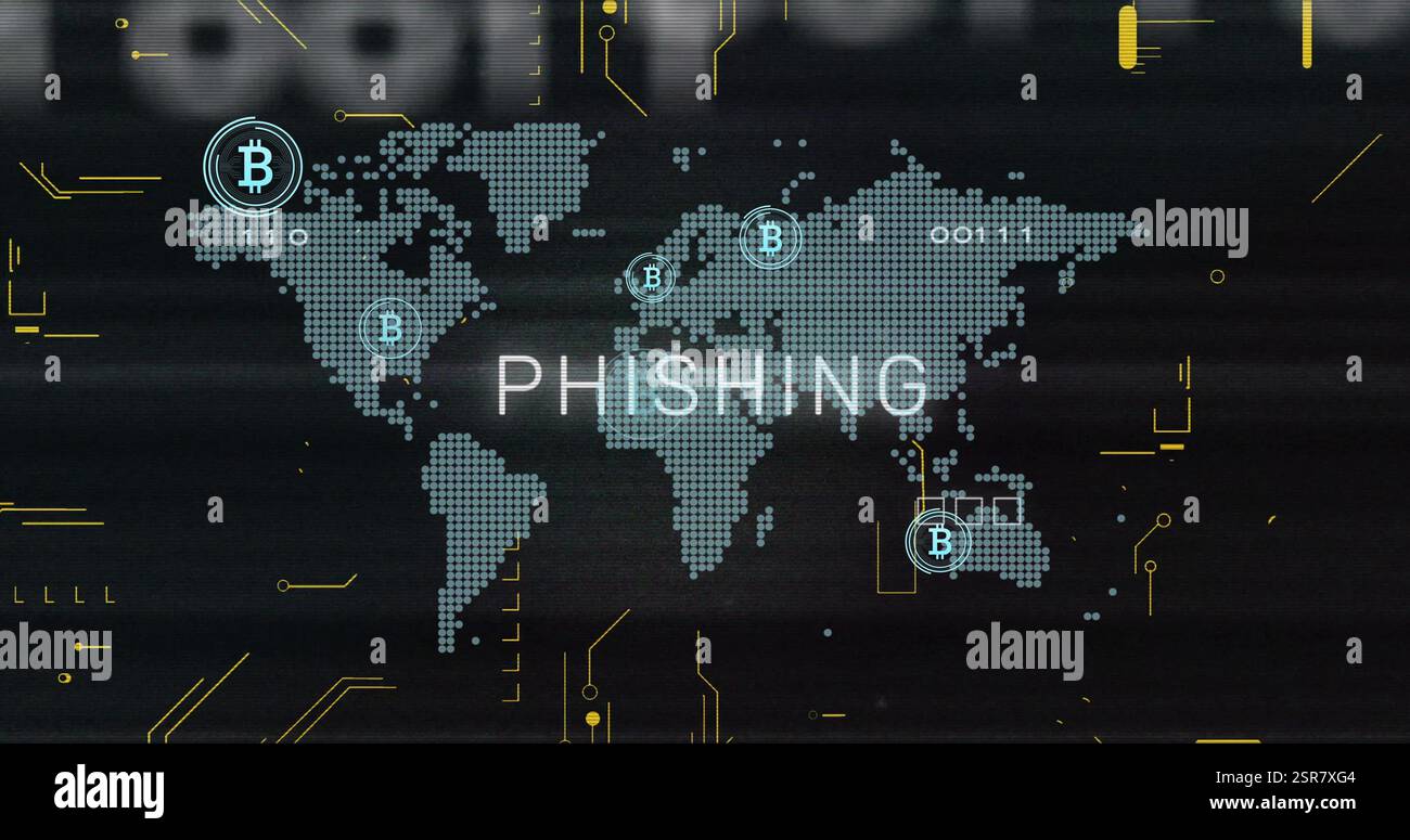 Image of phishing text, bitcoin symbols and data processing over world map on black background ...