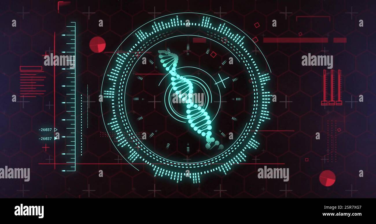 Image of scope scanning with dna strand over diagrams and data processing Stock Photo - Alamy