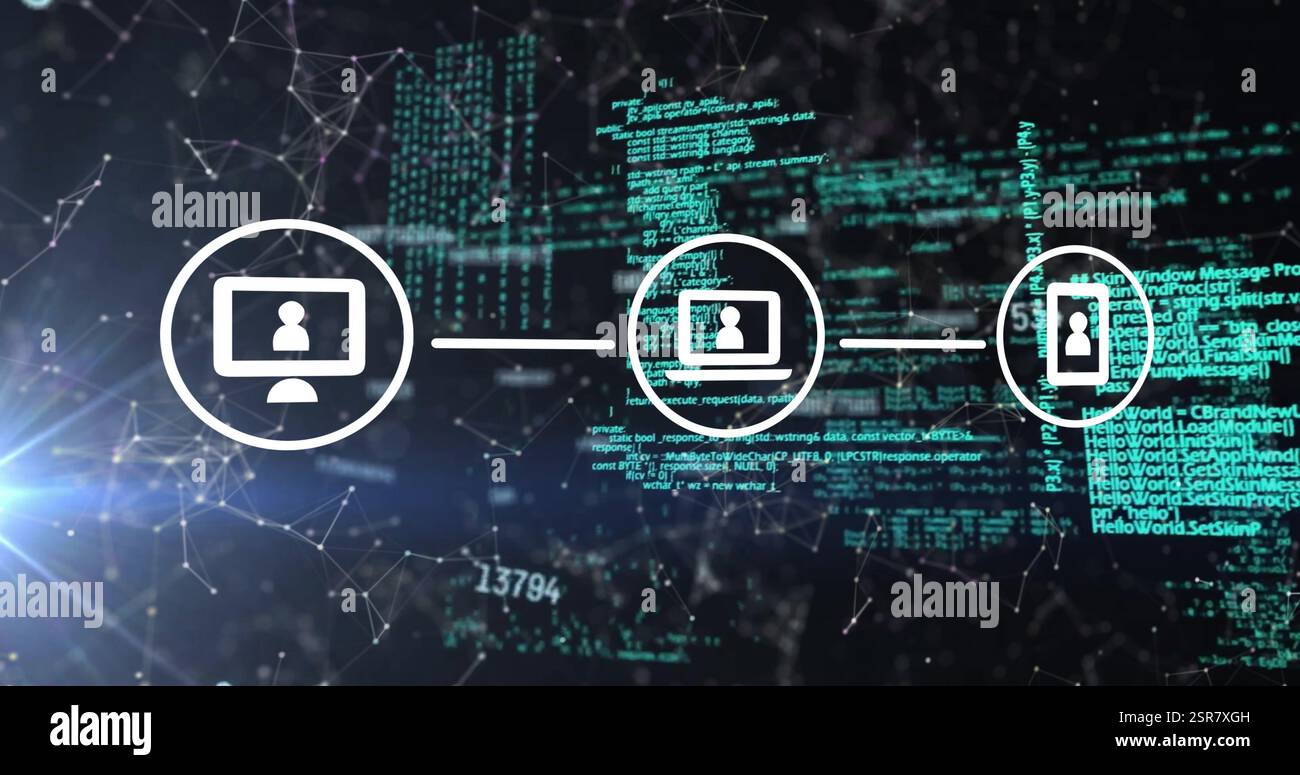Image of network of connections with icons over data processing Stock ...