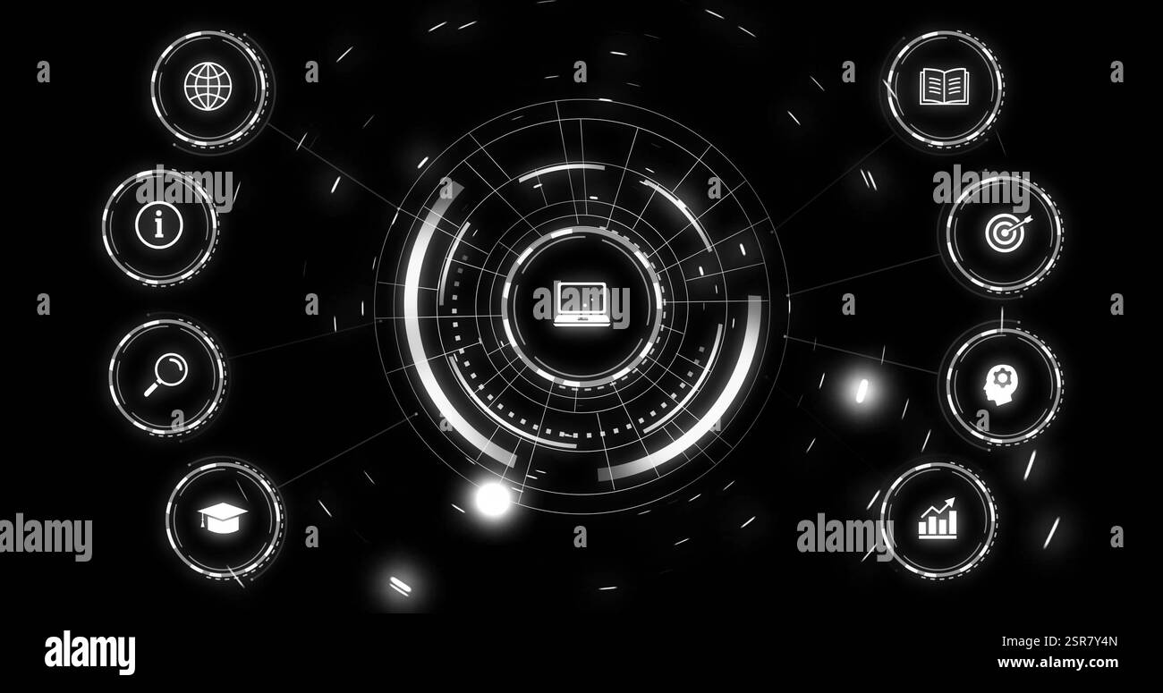 Image of network of icons and digital data processing over black ...