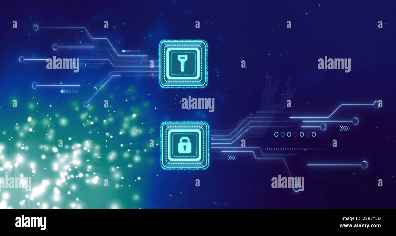 Image of nkey and padlock icons and digital data processing over blue background Stock Photo - Alamy