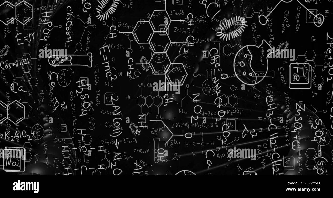 Image of mathematical and chemical equations over dna strand on black ...