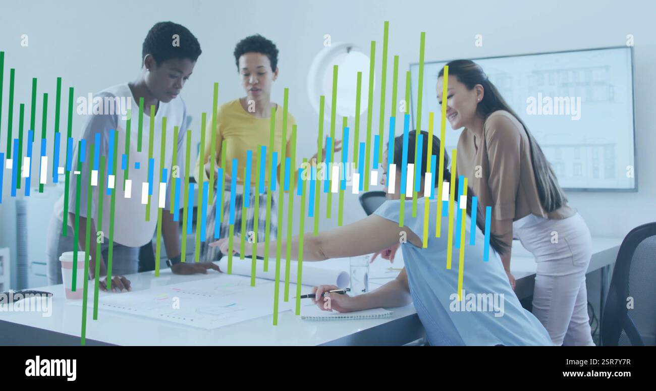 Image of data processing and diagrams over diverse colleagues ...