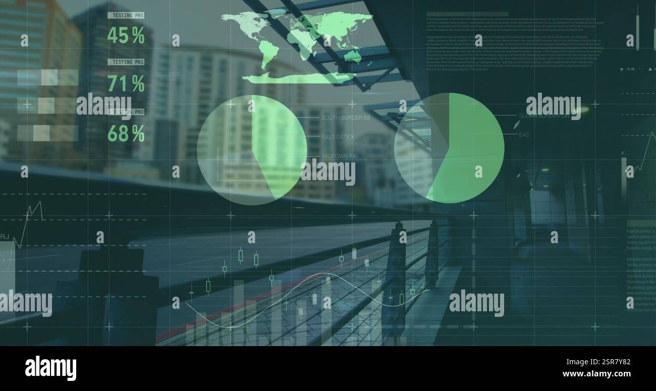 Image of data processing and diagrams over train station Stock Photo ...