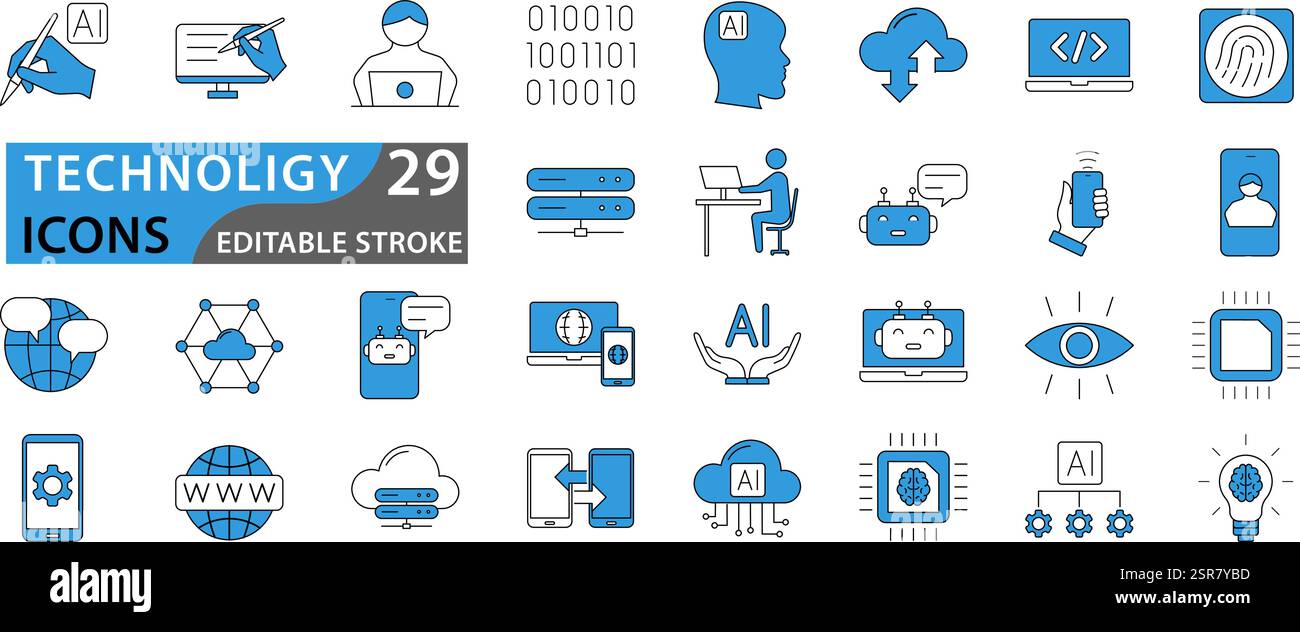 Technology icon set. Containing ai, robotics, biometric, geolocation ...