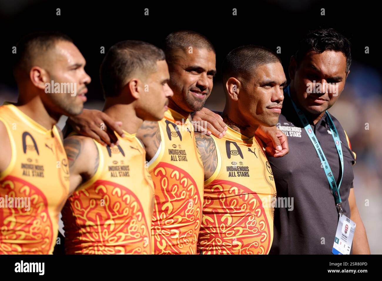 Perth, Australia. 15th Feb, 2025. Indigenous All Stars line up before ...
