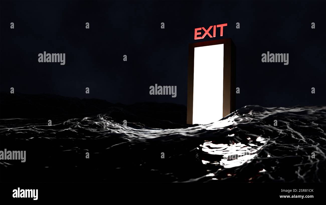 3D model of a door with light coming from inside and the door stands in ...