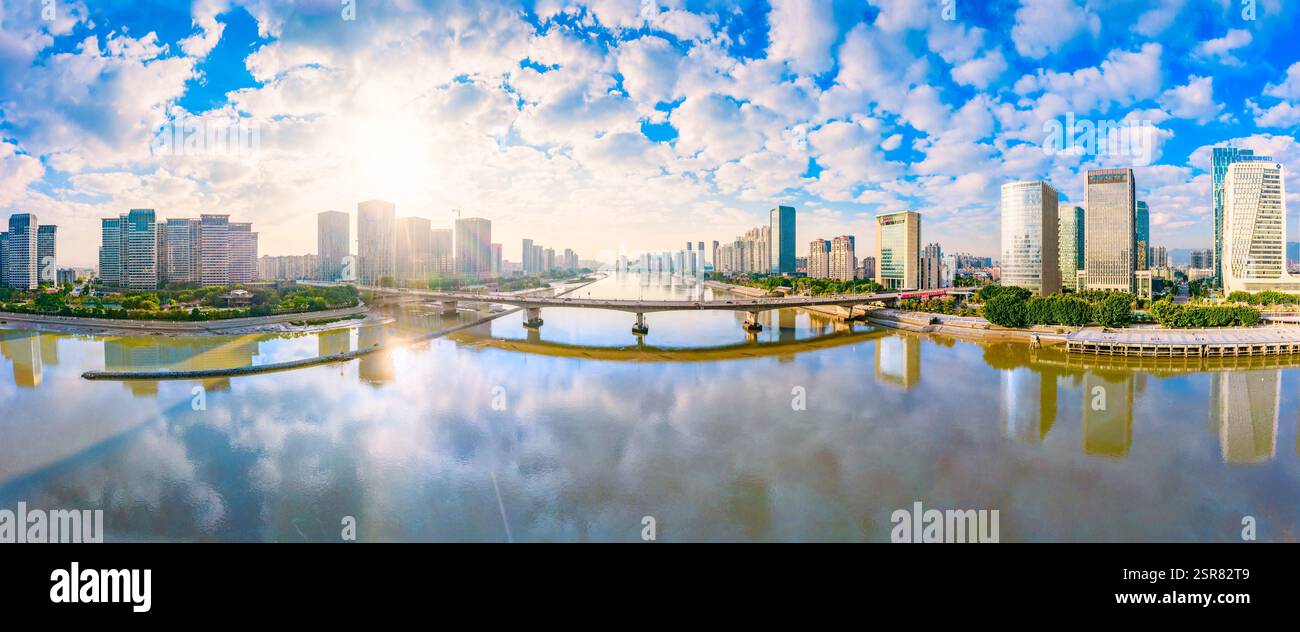 City scenery on both sides of the Min River in Fuzhou City, Fujian ...