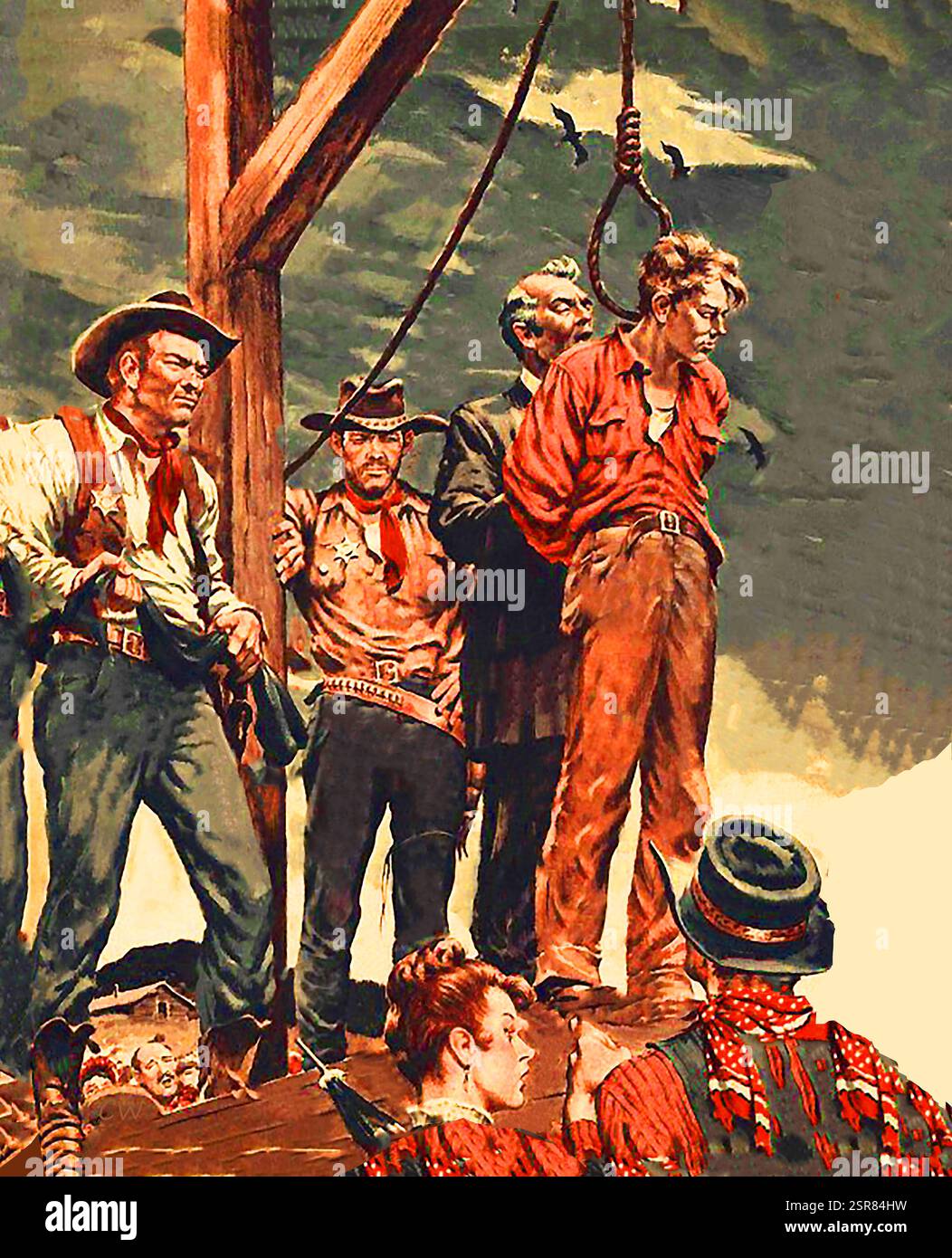 An early coloured magazine illustration of a wild west cowboy hanging ...