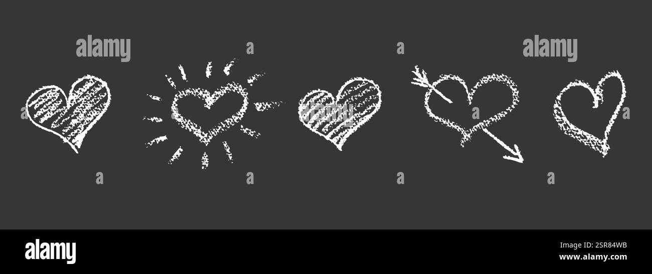 Set of white hearts signs drawn by wax pencil. Love symbols in doodle ...