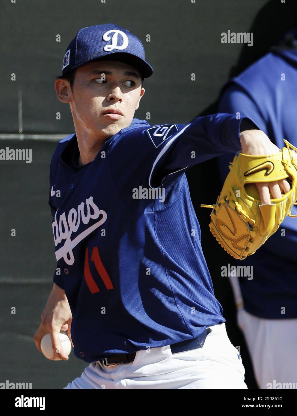 Los Angeles Dodgers pitcher Roki Sasaki throws a bullpen session during ...