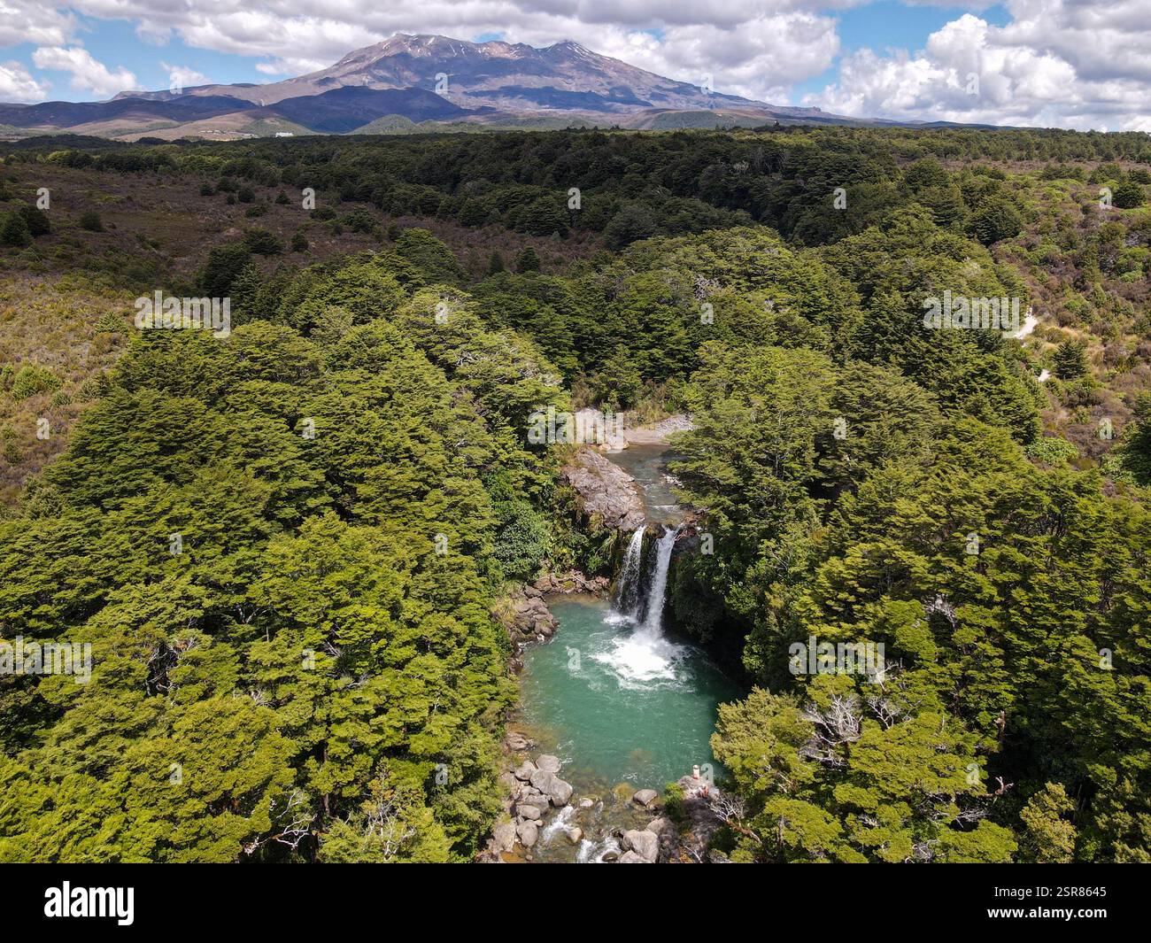 Drone view at Tawhai Falls (Gollum's Pool) on Tongariro national park ...