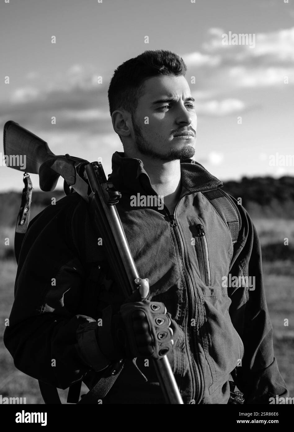 Close up Portrait of hamdsome Hunter. Hunter with shotgun gun on hunt ...