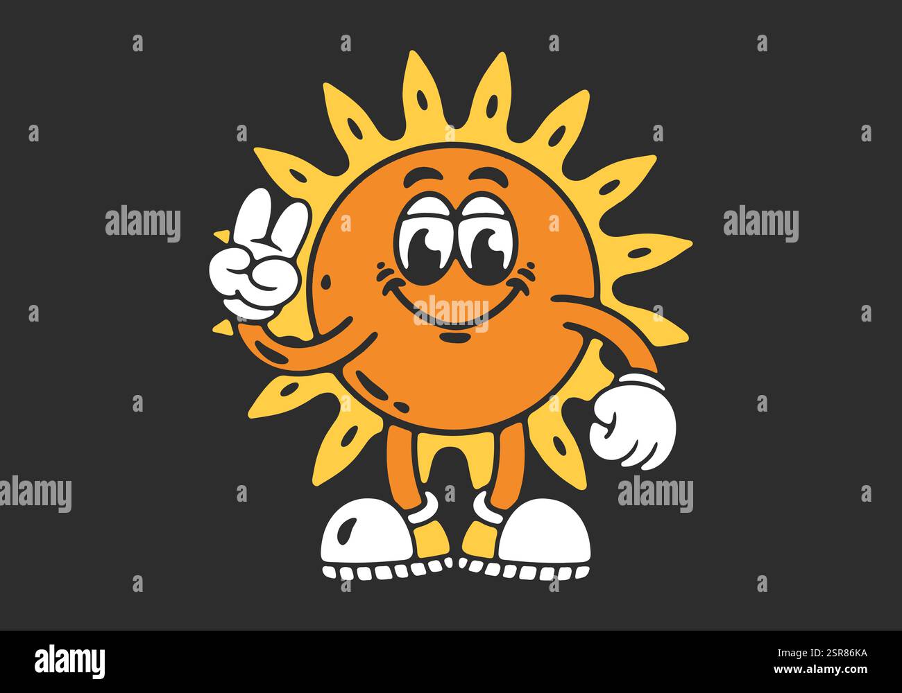 Happy sun mascot character illustration in peace hand symbol. Dark ...