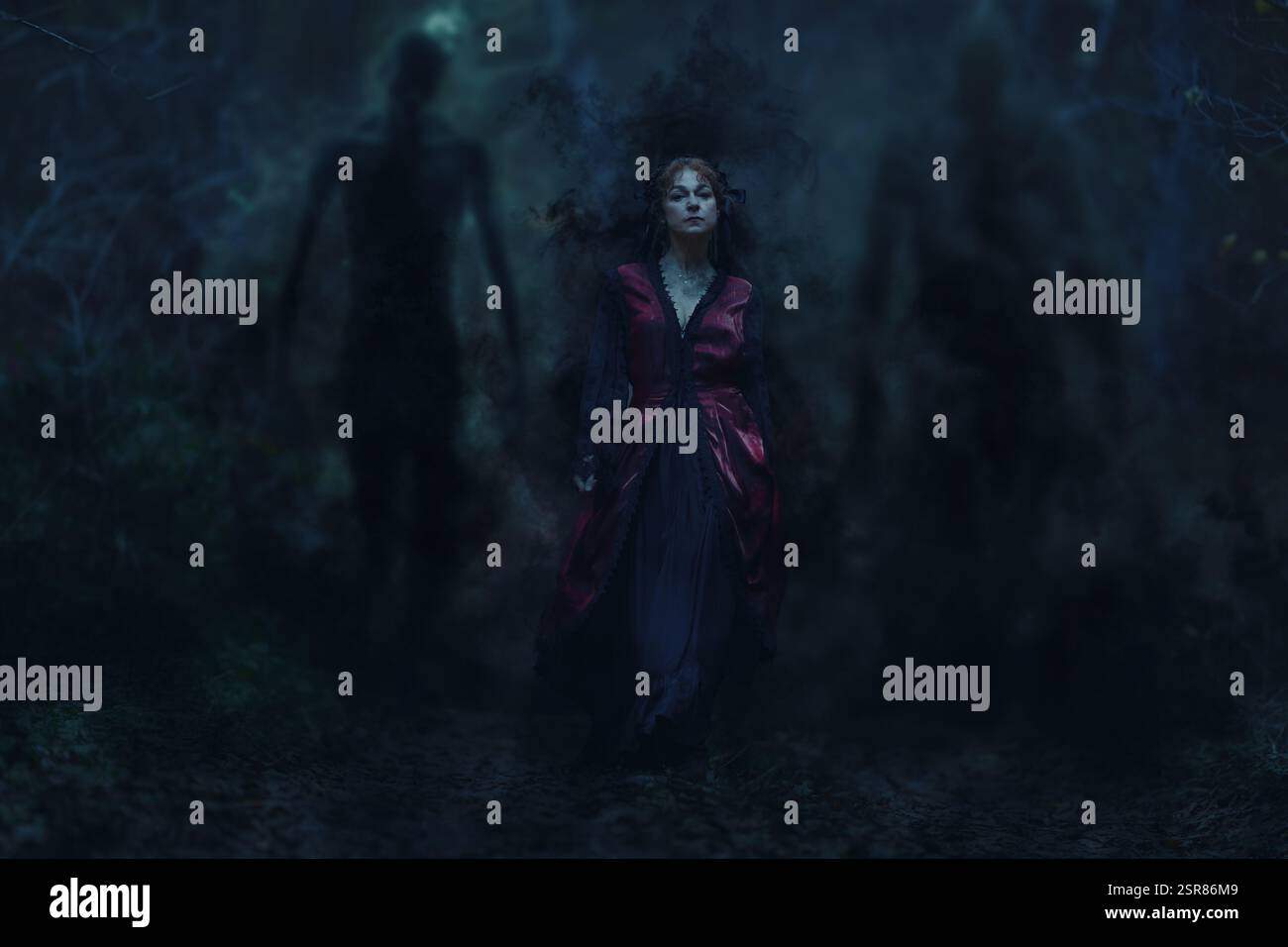 Mysterious woman in a red dress walking through a dark forest, followed by shadowy figures Stock ...