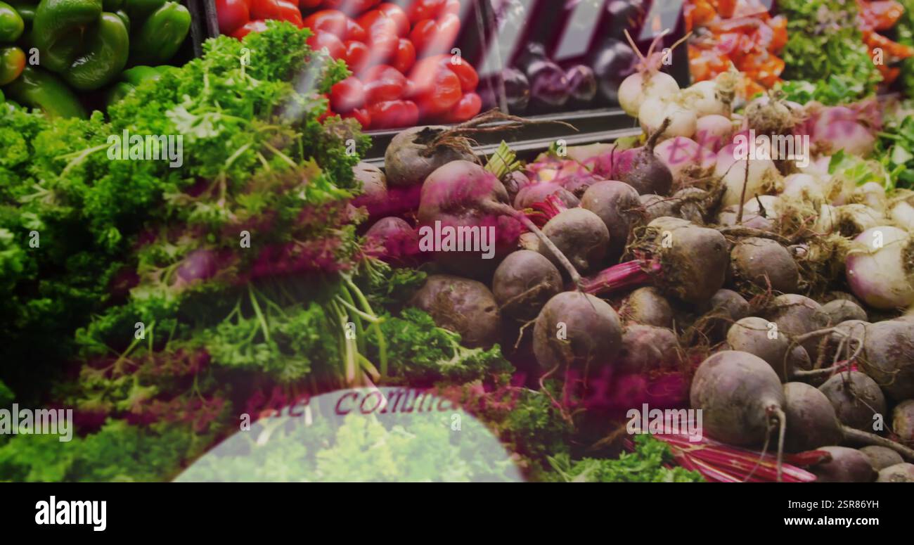 Image of charts processing data over vegetables in shop display Stock ...