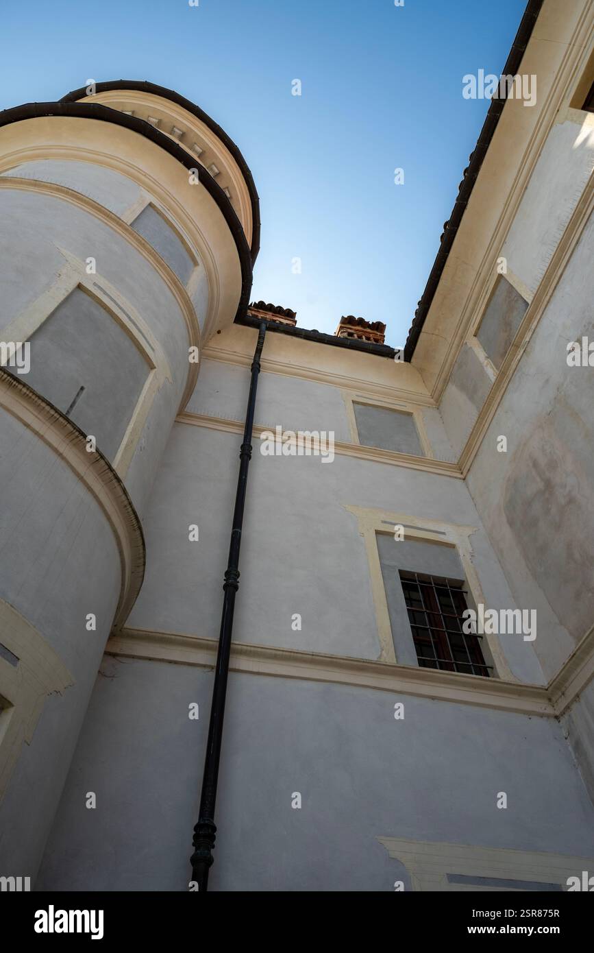 Landscape, front of a period house, old with white walls, doors and ...