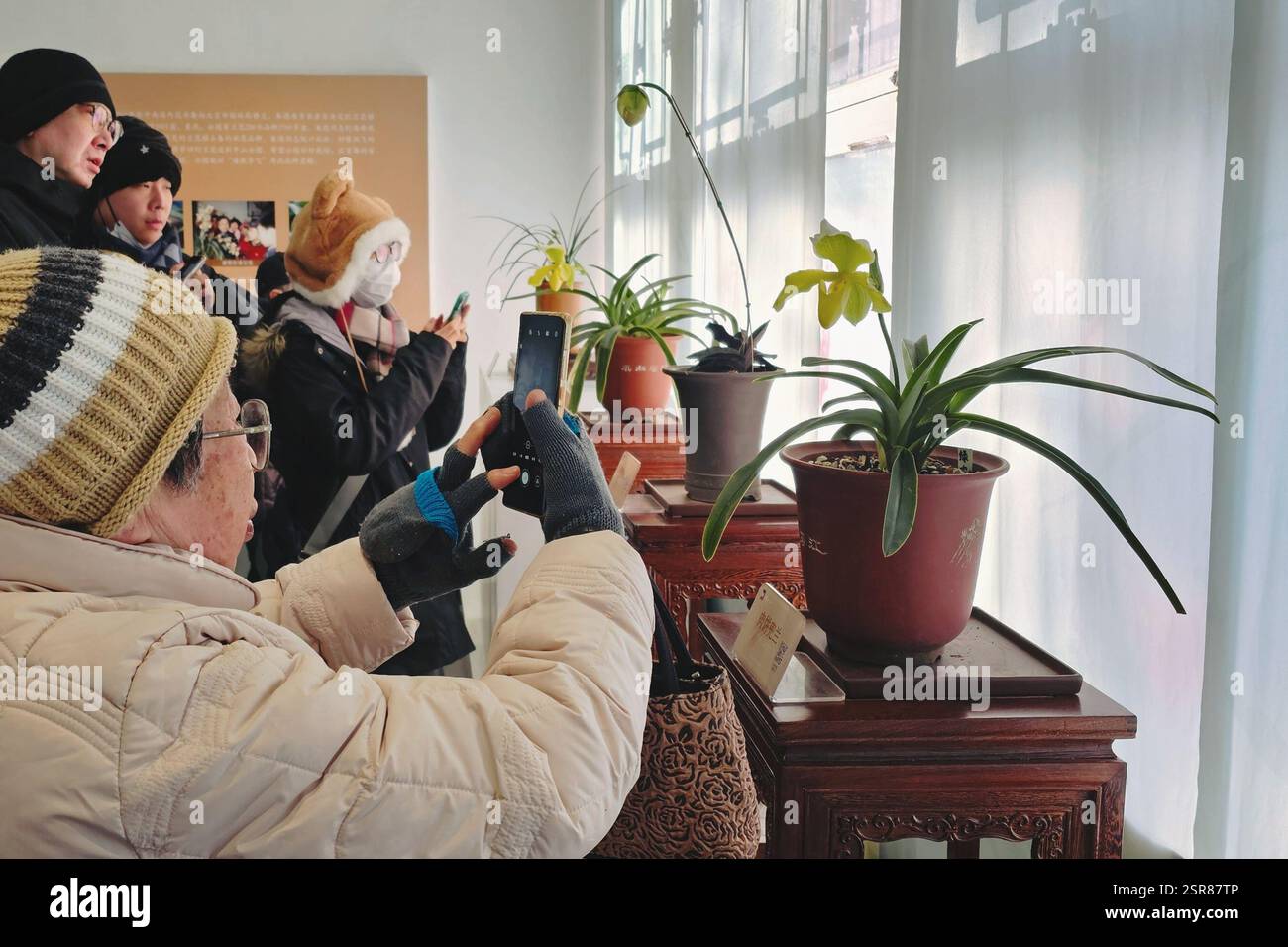 Beijing, China. 15th Feb, 2025. Visitors take photo of flowers during ...
