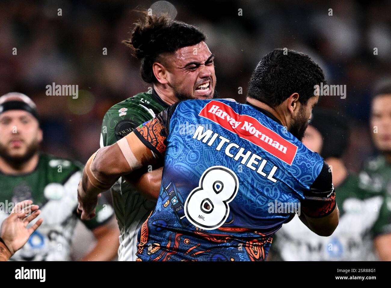 Sydney, Australia. 15th Feb, 2025. Royce Hunt of the Maori All-Stars is tackled by Shaquai ...