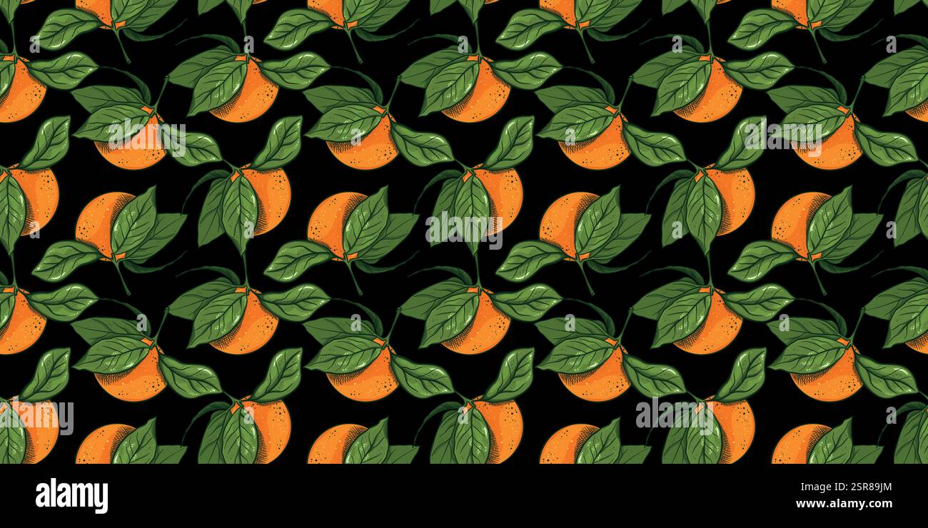 Citrus summer seamless pattern, orange on branches with leaves ...