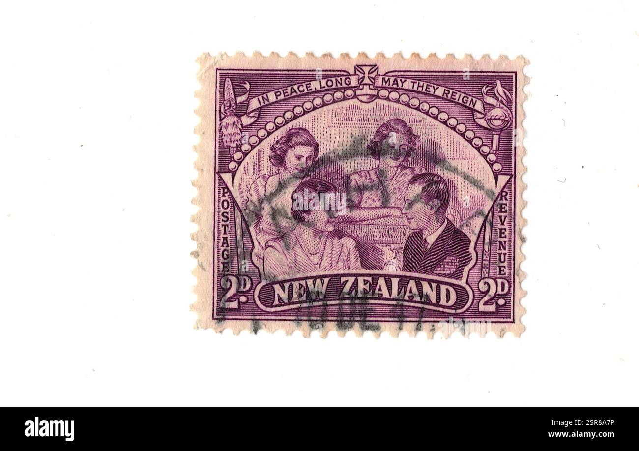A vintage royal family postage stamp from New Zealand isolated on a ...