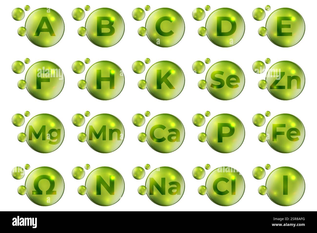Vitamin and mineral bubble icons set. Multivitamin complex. Essential ...