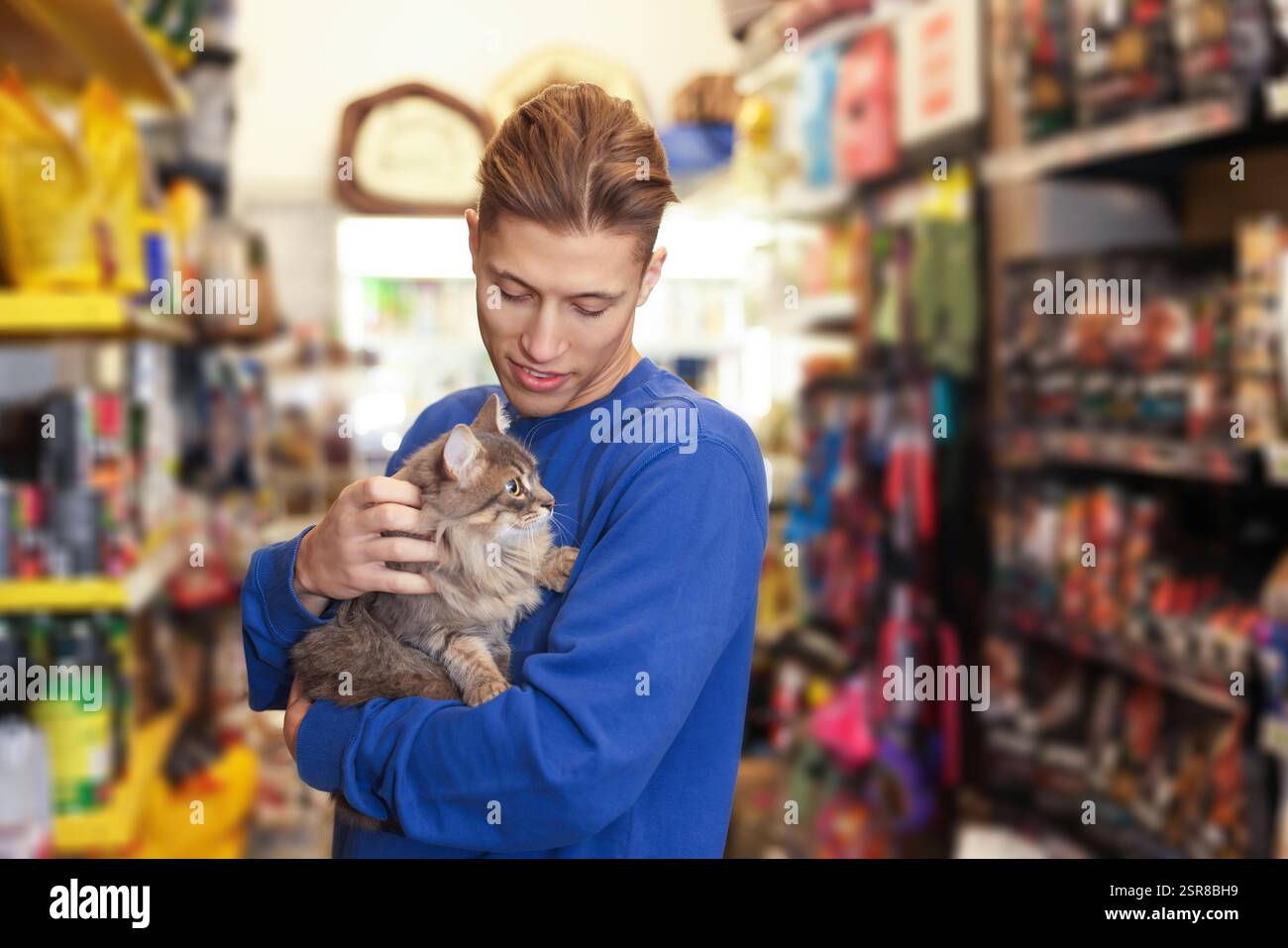 Man with his cute cat in pet shop Stock Photo - Alamy