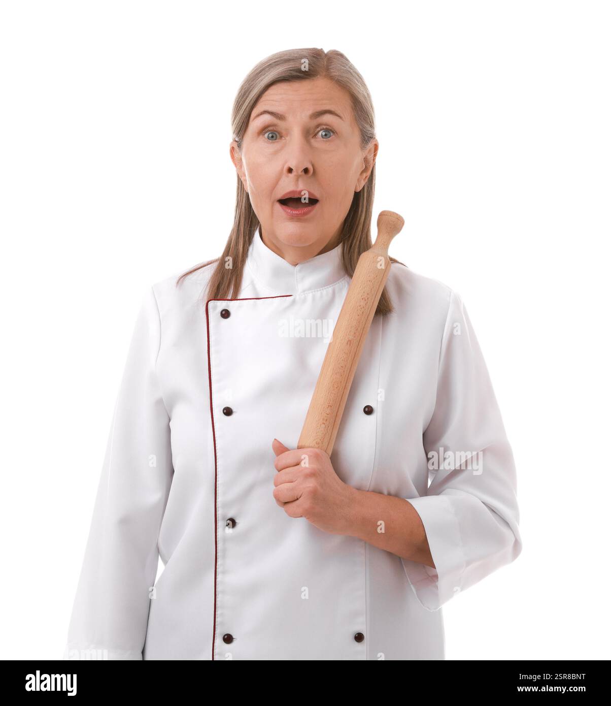 Surprised chef with rolling pin on white background Stock Photo - Alamy