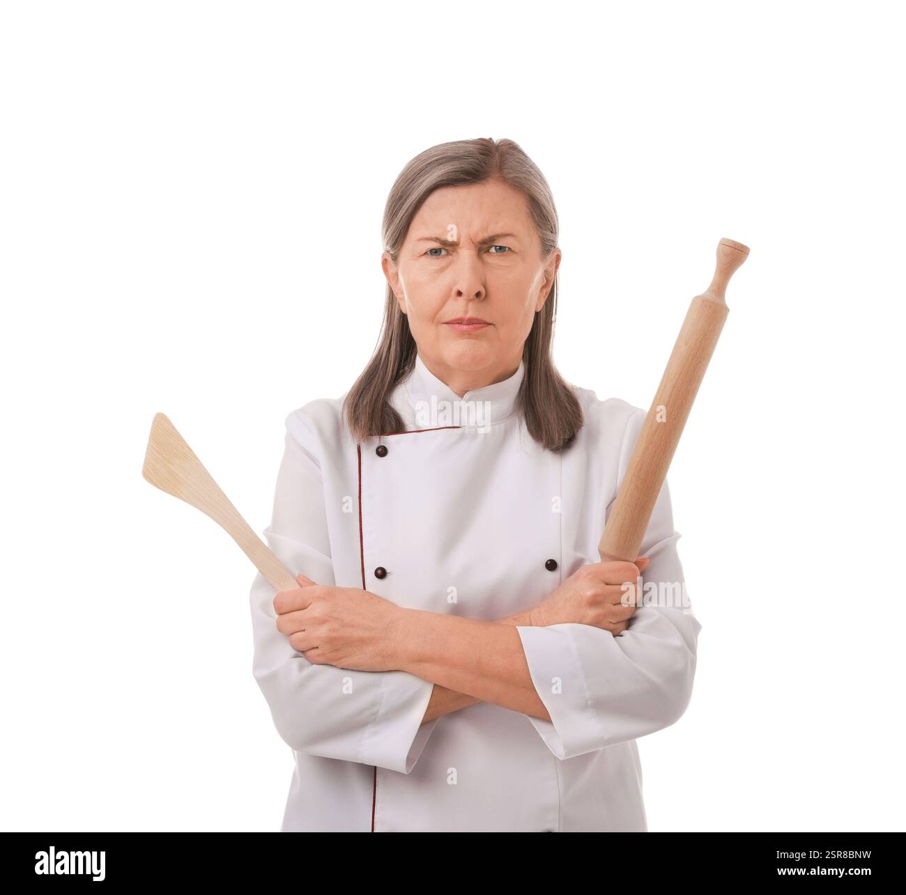 Angry chef with rolling pin and spatula on white background Stock Photo ...