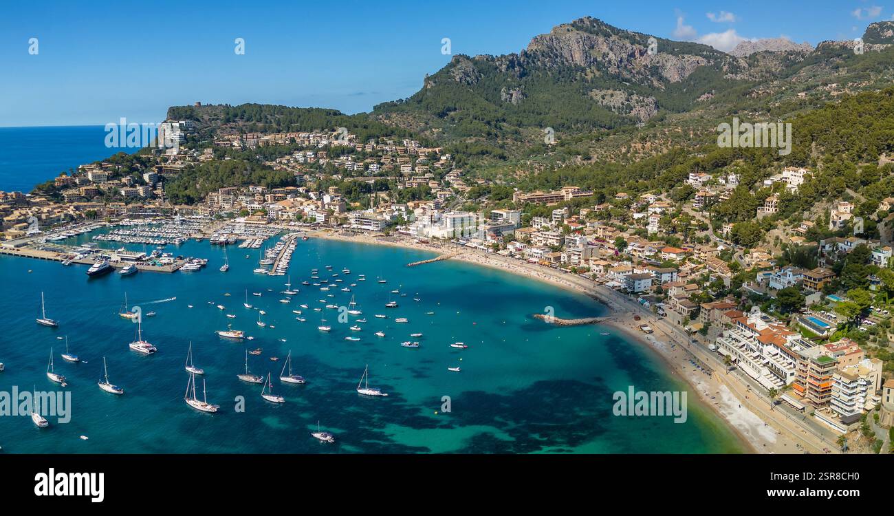 Aerial view of the summer resort town Port de Soller on Mallorca, Spain ...