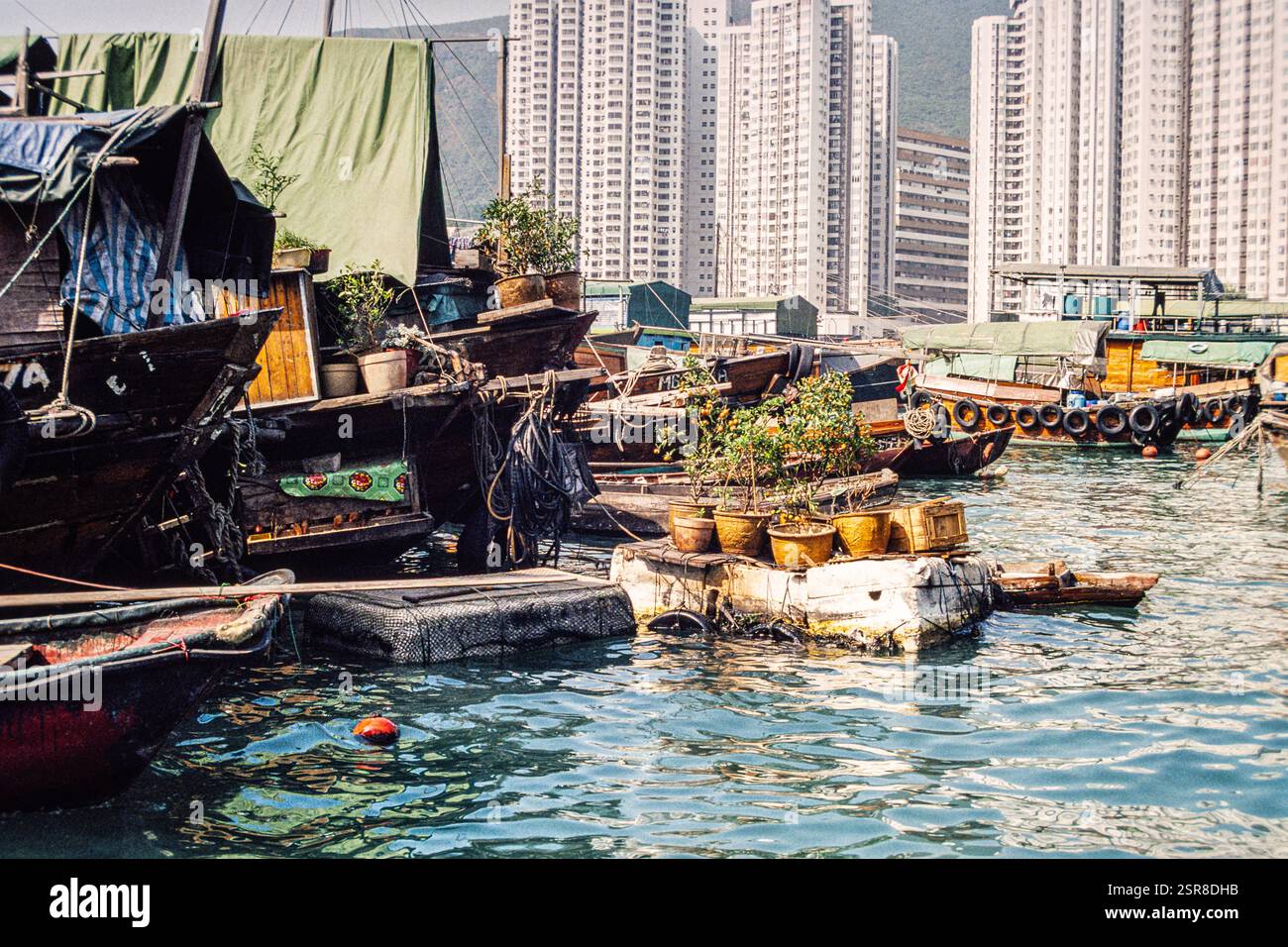 Floating village in Aberdeen Harbour, Hong Kong, Asia. Archival photo ...