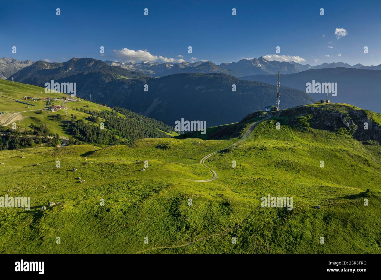 Aerial view of the Pla de Beret plain on a summer afternoon (Aran ...