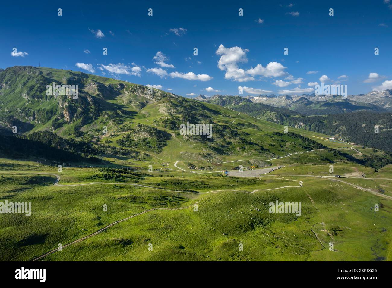 Aerial view of the Pla de Beret plain on a summer morning (Aran Valley ...